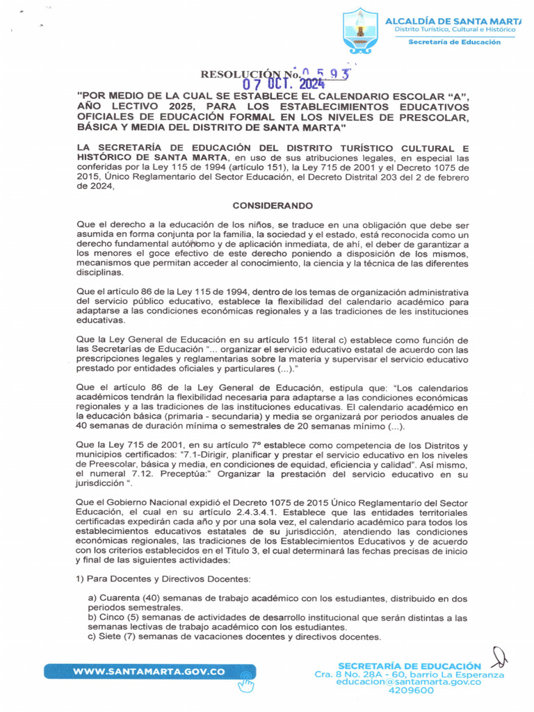 Resol. 0593 Ivc Por La Cual Se Establece El Calendario Escolar 2025 | PDF