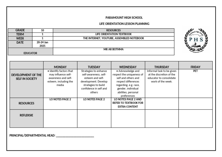 Life Orientation Lesson Plan for Grade 10 | PDF