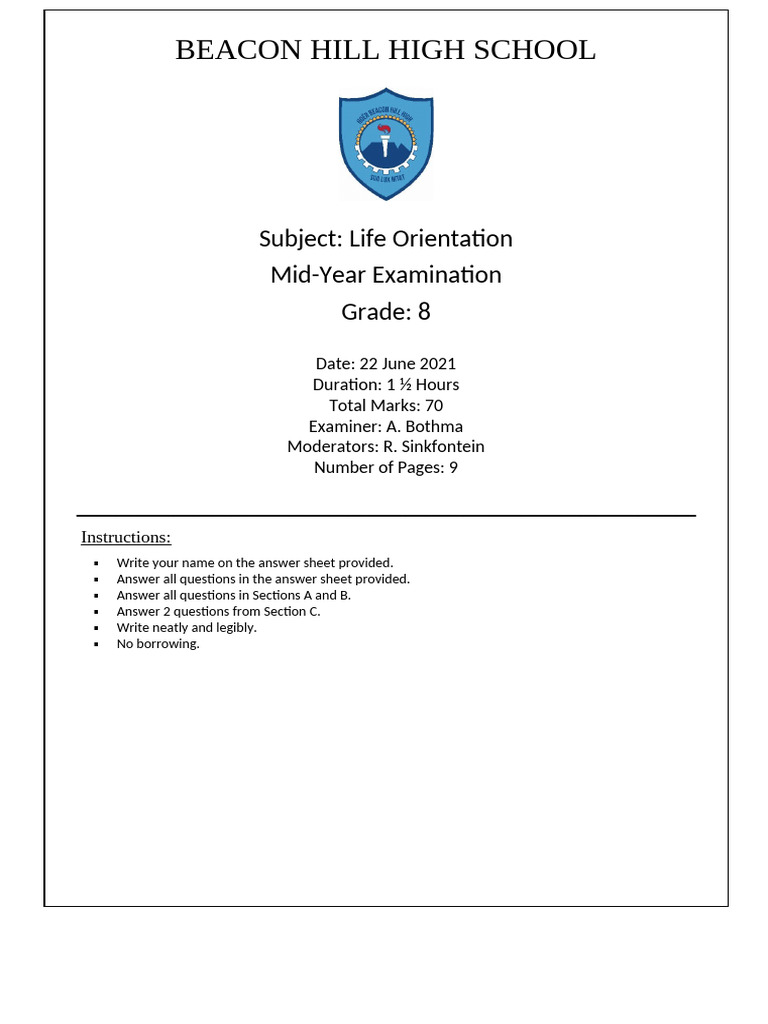 Grade 8 Life Orientation Exam Paper | PDF | Self Concept | Psychology