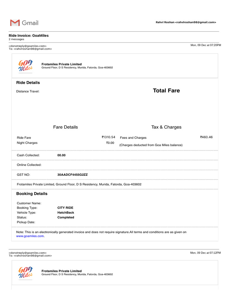 Ride Invoice - GoaMiles 612 | PDF | Payments
