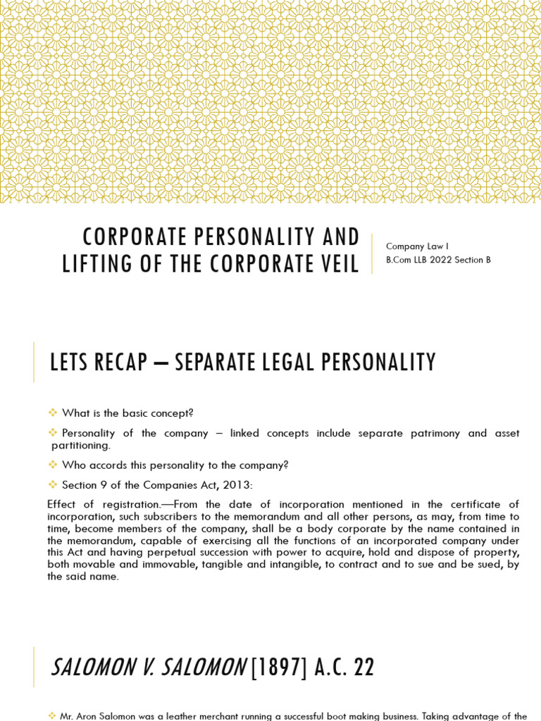 Week 3 - Corporate Personality and Lifting of The Corporate Veil | PDF ...
