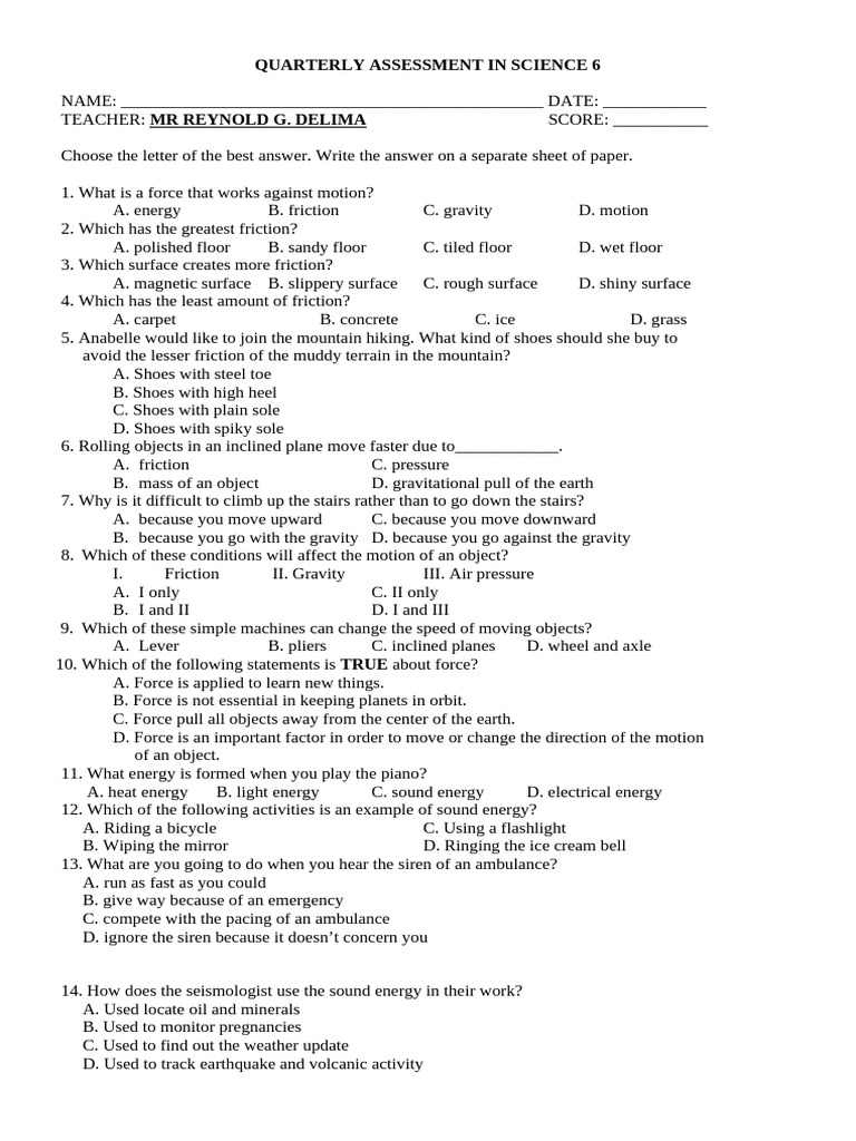 Science 6 Quarterly Assessment Test | PDF | Machines | Heat