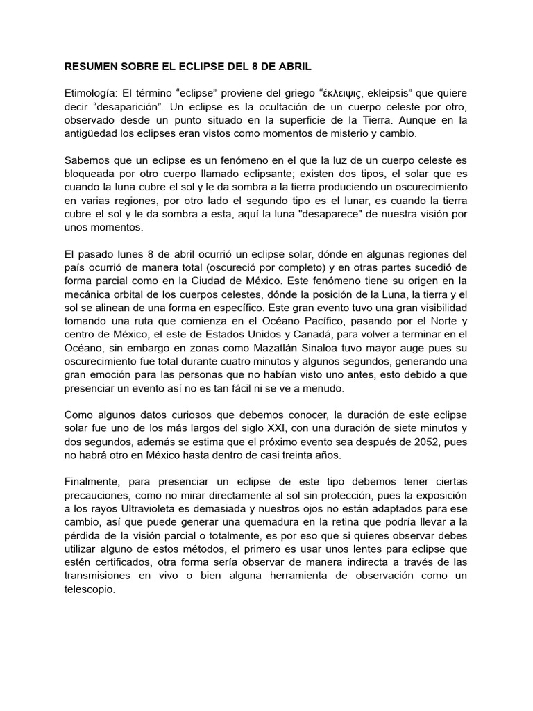 Resumen Sobre El Eclipse Del 8 de Abril | PDF | Eclipse | Eclipse solar