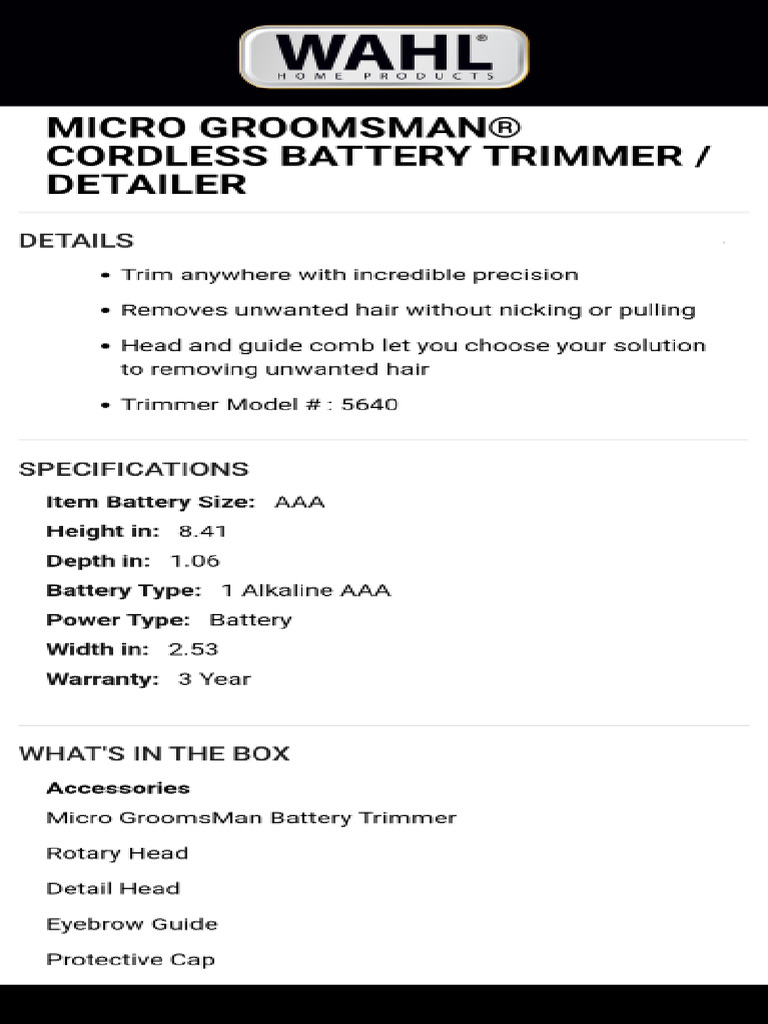 Wahl Micro Groomsman Trimmer Specs | PDF