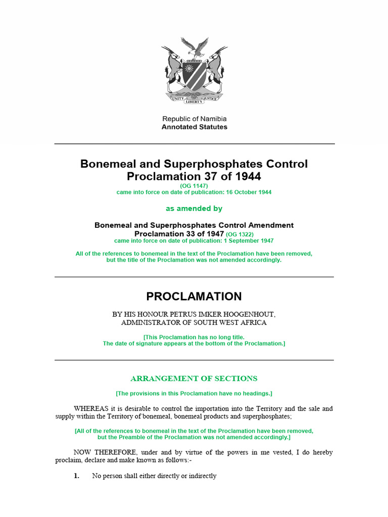 Bonemeal and Superphosphates Control Proclamation 37 of 1944 | PDF ...