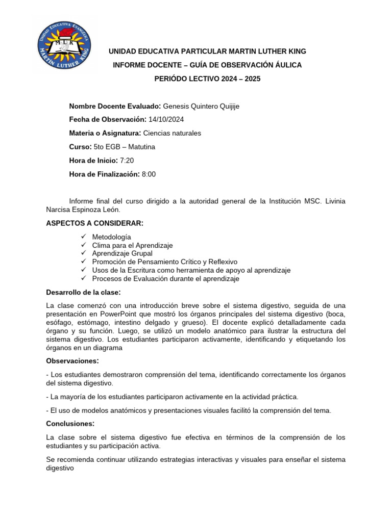 Informe Observación Áulica - Genesis Quintero | PDF | Aprendizaje ...