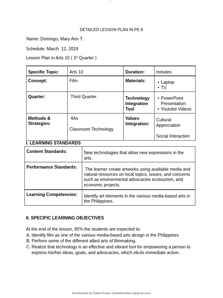 Lesson Plan in Arts 10 Film | PDF | Lesson Plan | Learning
