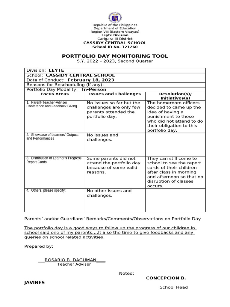 Grade 6 Portfolio Day Monitoring Tool | PDF