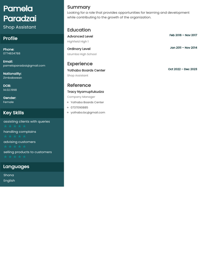 Pam Shop Assistant Cv | PDF