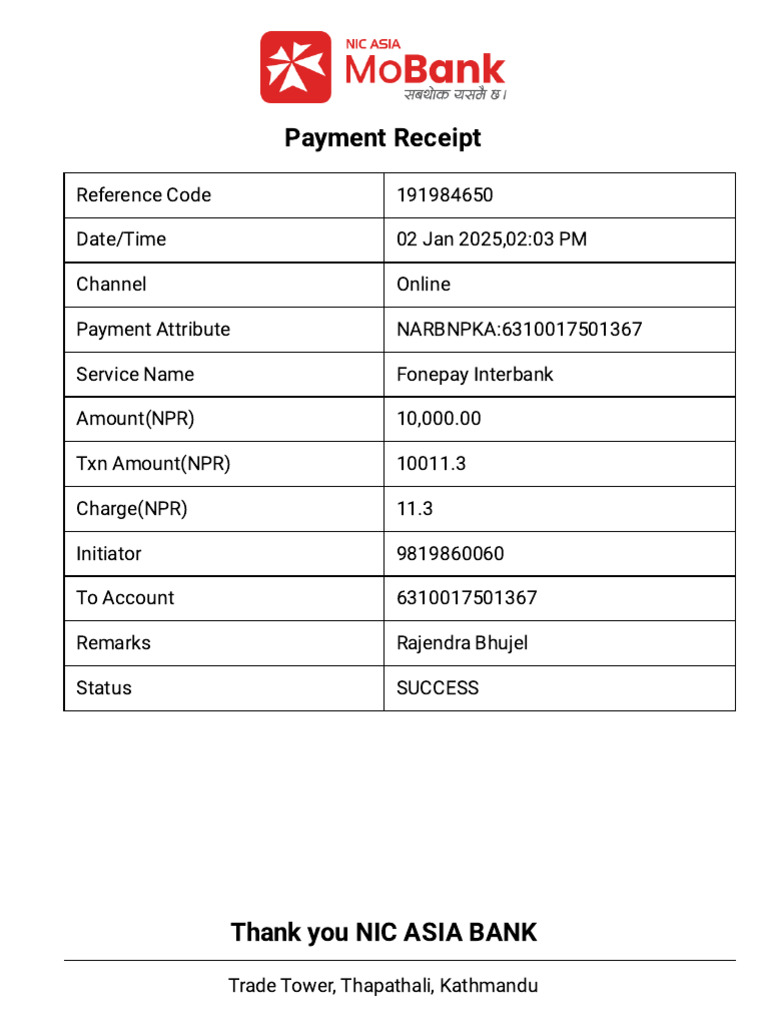 Fonepay Interbank Payment Receipt | PDF