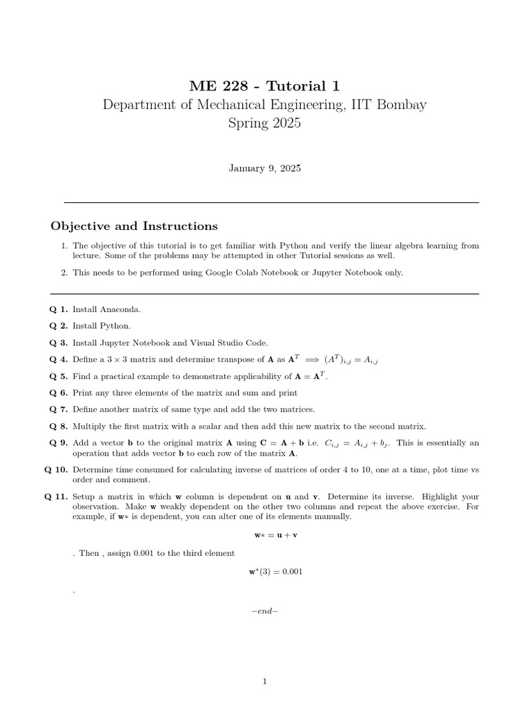 ME228 Tutorial1 Matrices | PDF