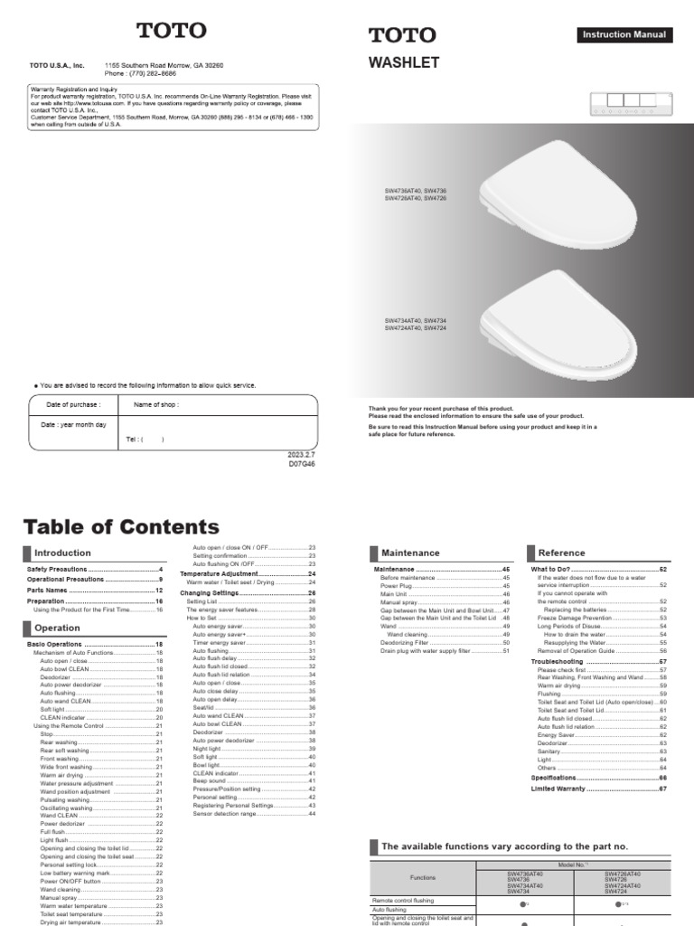 Toto Bidet D07G46 Instruction Manual_EN | PDF | Toilet | Water