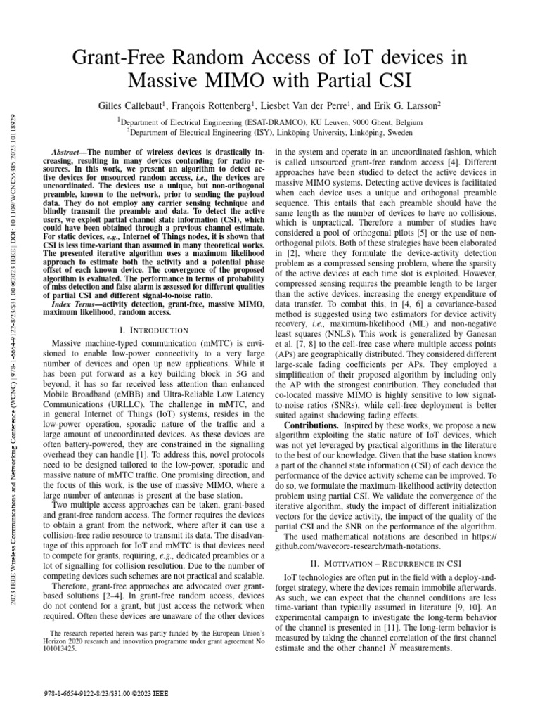 Grant-Free Random Access of IoT Devices in Massive MIMO With Partial CSI | PDF | Mimo | Internet ...