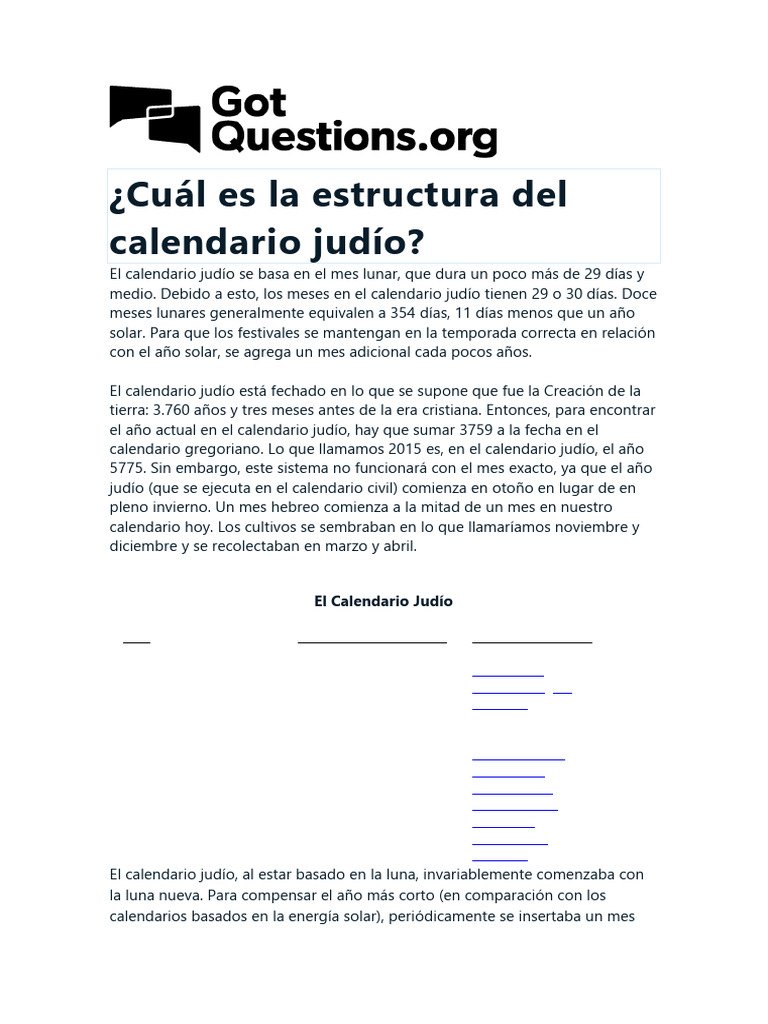 Cuál Es La Estructura Del Calendario Judío... Ok | PDF | Calendario ...