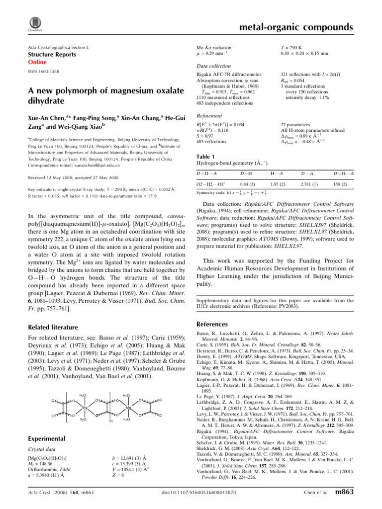 A New Polymorph of Magnesium Oxalate Dihydrate | PDF | Chemical ...
