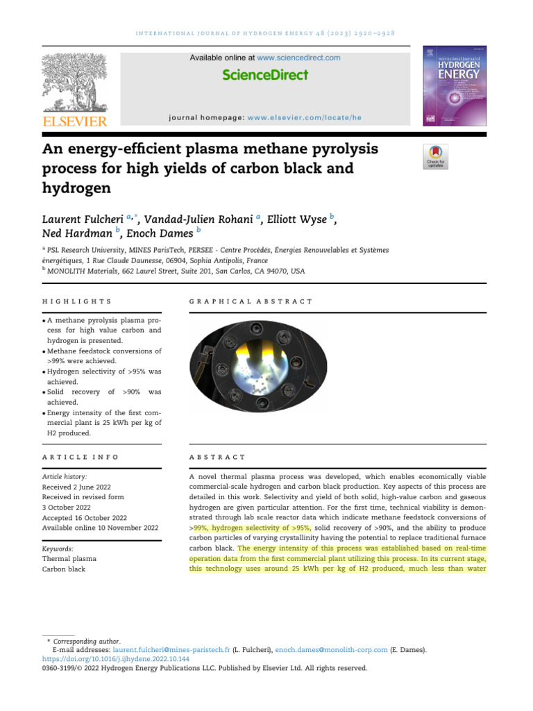 An Energy-Efficient Plasma Methane Pyrolysis Process For High Yields of ...