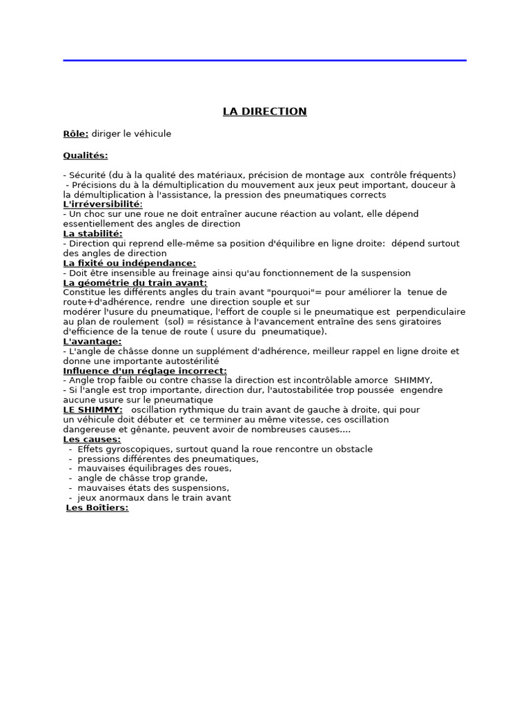 La Direction | PDF | Pneumatique (véhicule) | Direction (automobile)