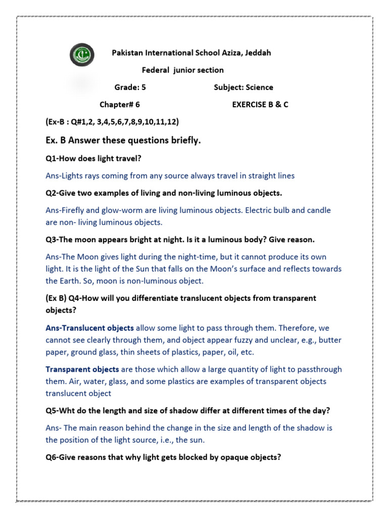 Science Grade 5 Exercise Qa CH 6 | PDF | Sound | Light