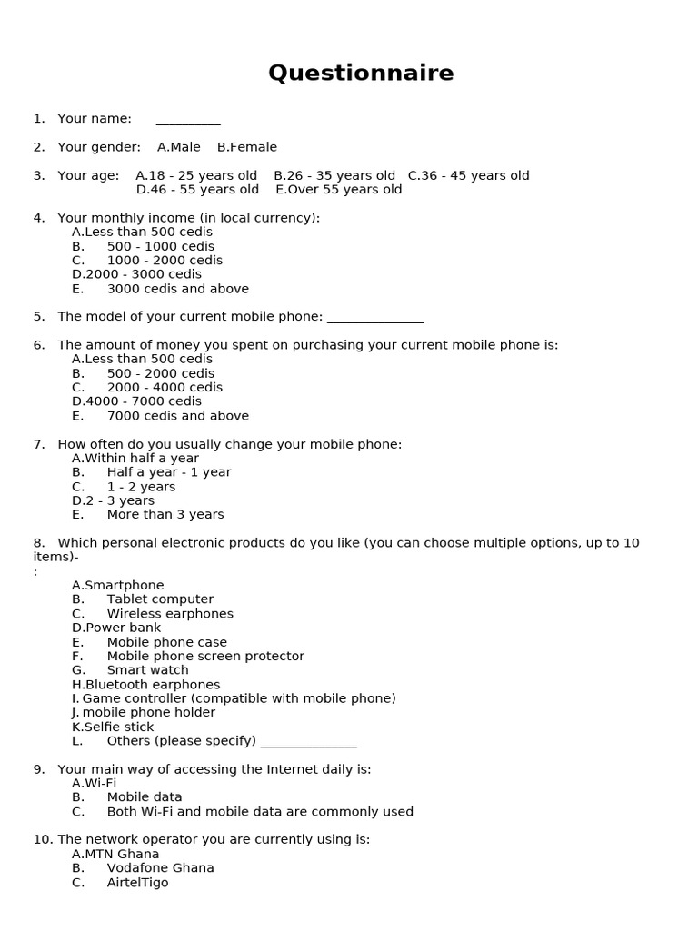 Mobile Phone User Questionnaire | PDF