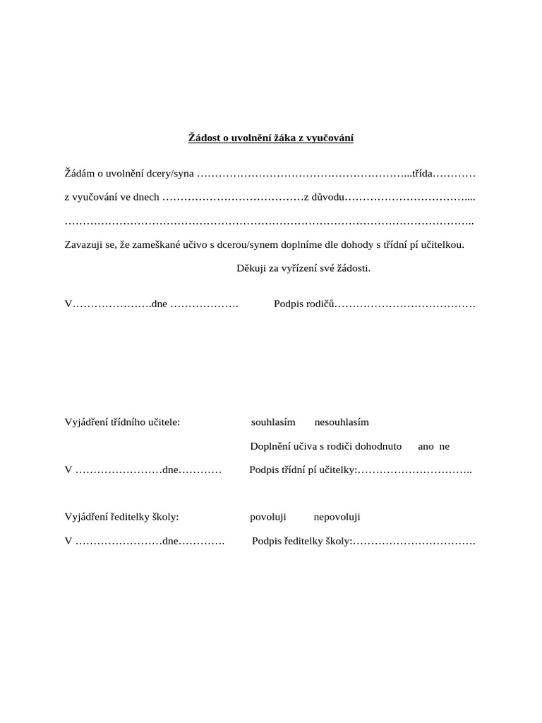 Zadost o Uvolneni Zaka Z Vyucovani Dovolena | PDF
