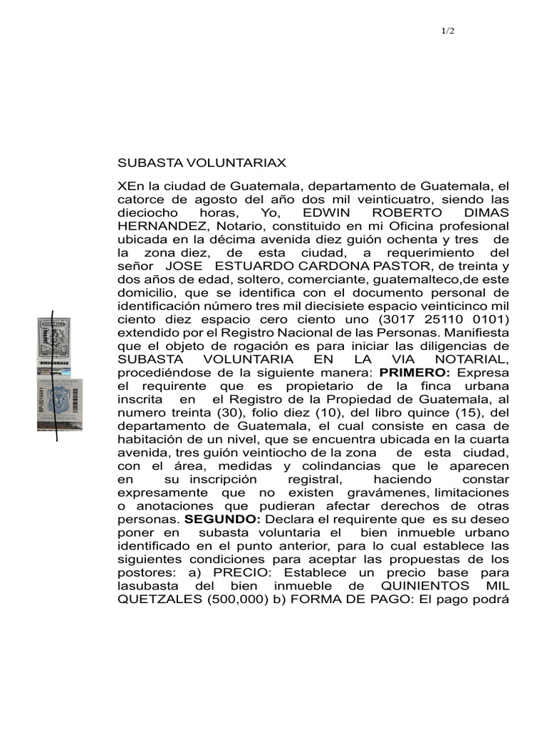 Acta Subasta Voluntaria PDF | PDF | Pagos | Subasta