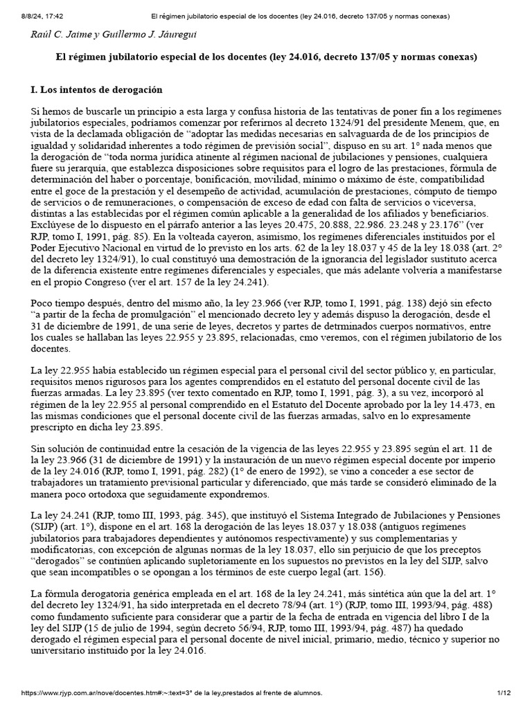 Régimen Jubilatorio Docente: Ley 24.016 | PDF | Jubilación | Pensión