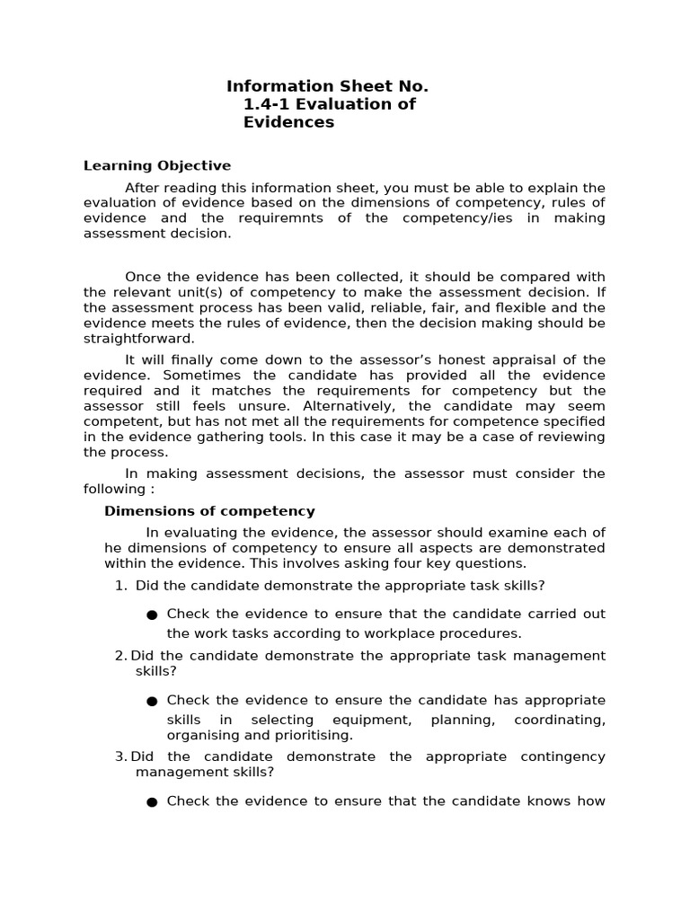 Information Sheet No. 1.4-1 | PDF | Knowledge | Evidence