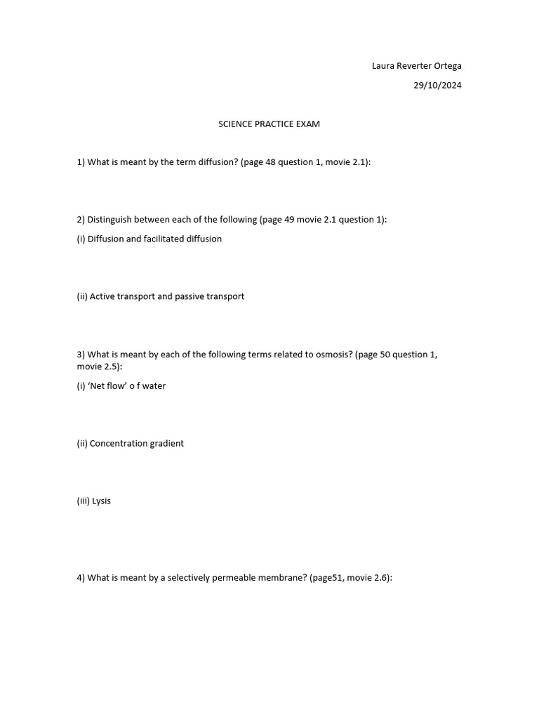 Practice Exam Science Osmosis, Diffusion and Enzymes (Definitiu) 2 ...
