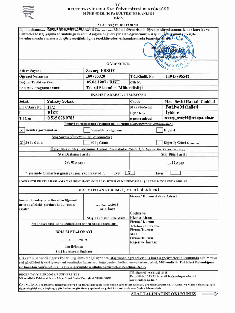 Staj Başvuru Formu-1 | PDF