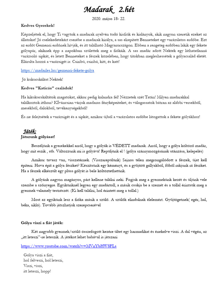 Madarak 2 Hét Katica Csoport | PDF