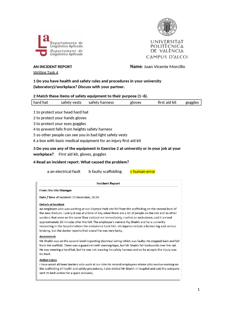 Writing Task 4 - Incident Report - c0j0n | PDF | Personal Protective Equipment | First Aid