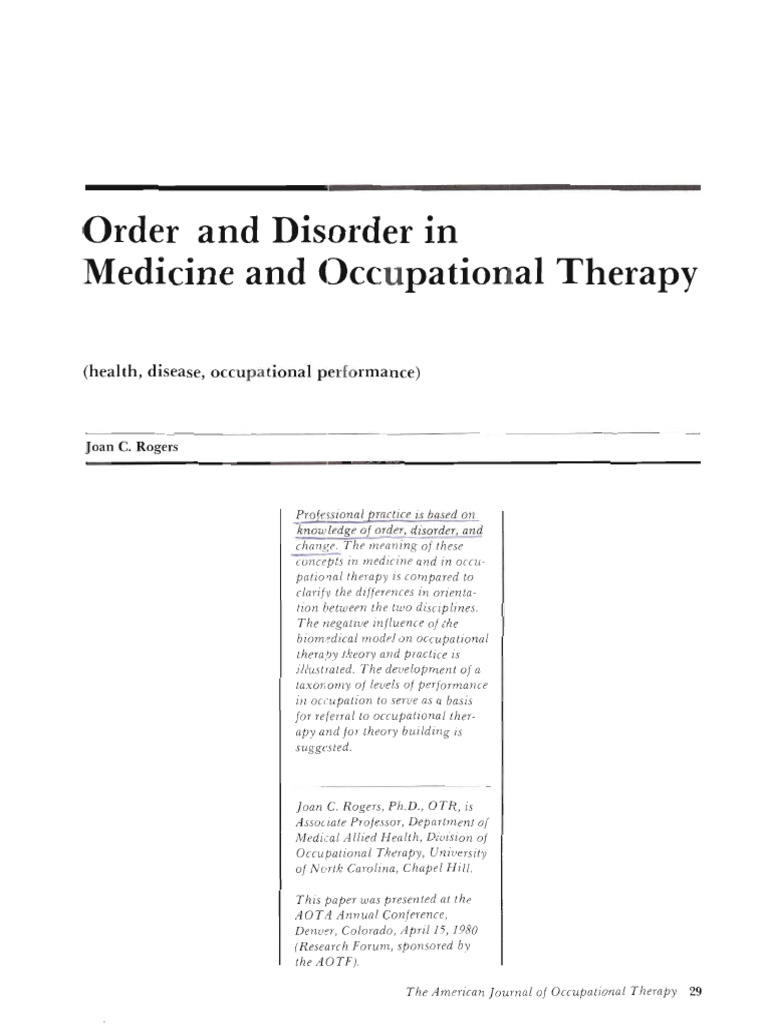 Order and Disorder in Therapy | PDF | Occupational Therapy | Medicine