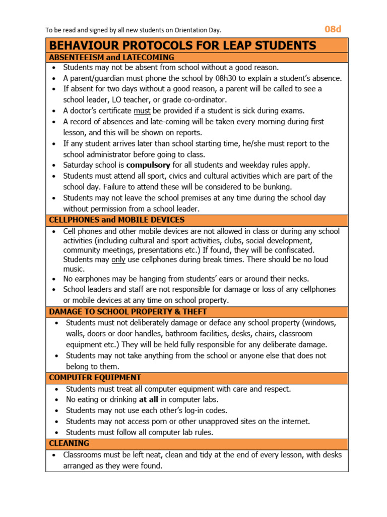 08d. BEHAVIOUR PROTOCOL FOR LEAP STUDENTS | PDF | Classroom | Mobile Phones
