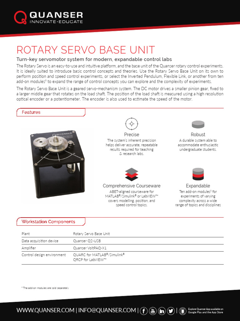 Made For Science Quanser Rotary Servo Base Unit Datasheet | PDF | Servomechanism | Electrical ...