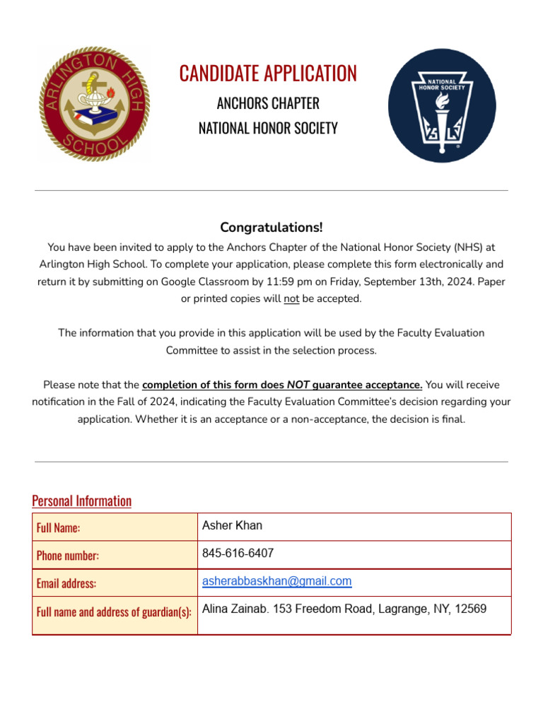 Asher Khan - NHS Application 2024-25 | PDF