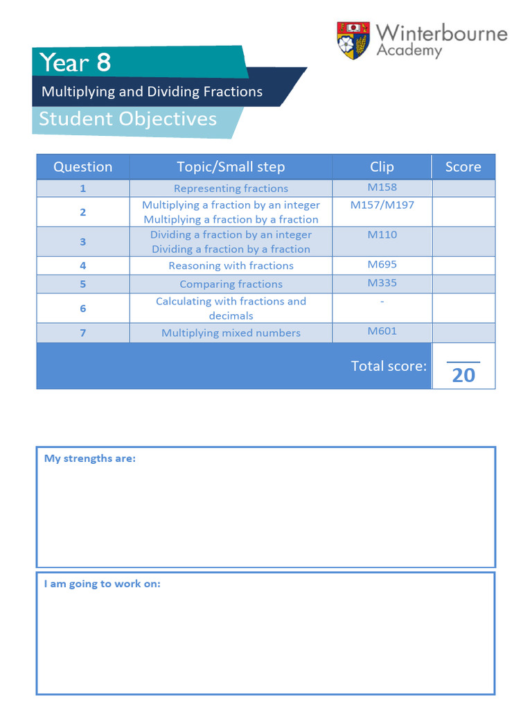 Y8 - Multiplying and Dividing Fractions - Student Objectives (sparx) | PDF