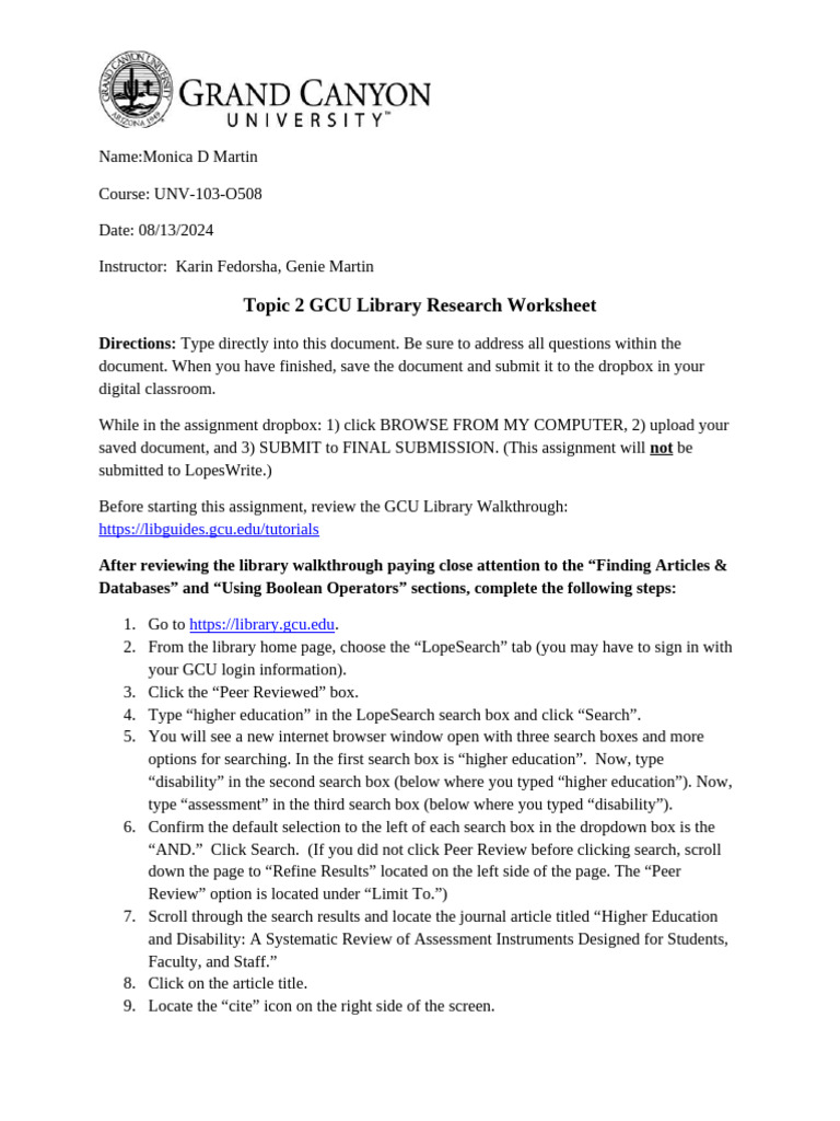 UNV 103 RS T2 LibraryResearchAssignment | PDF | Apa Style | Citation