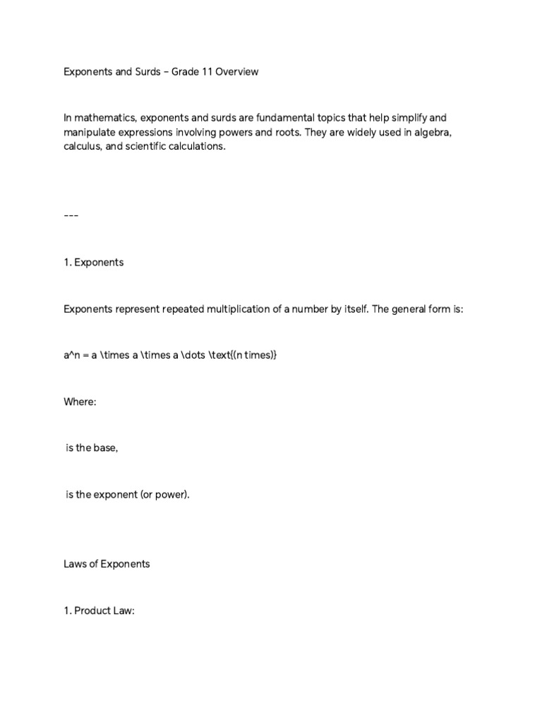 Grade 11 Math: Exponents & Surds | PDF