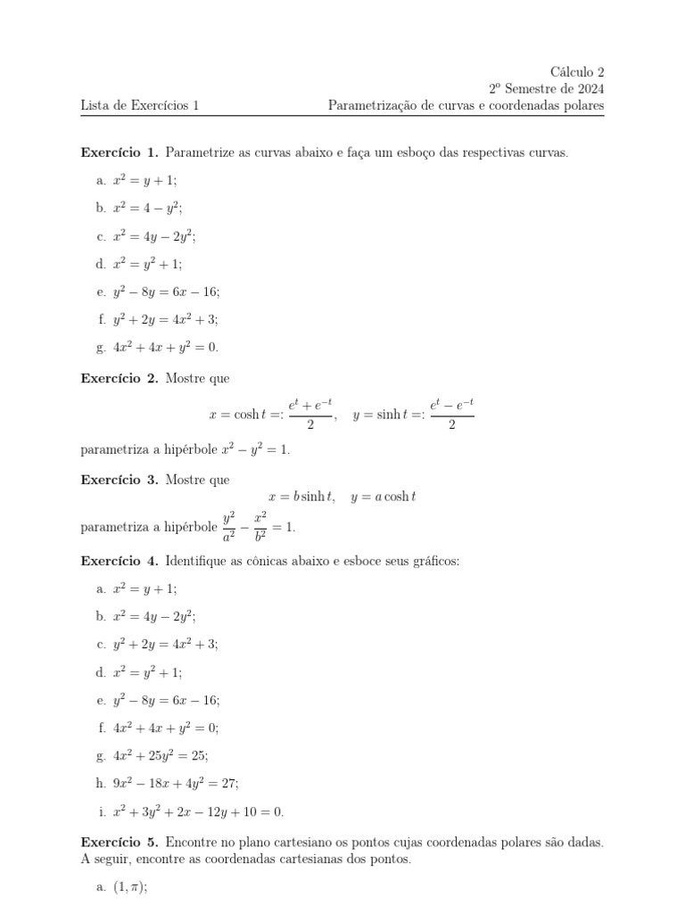 Lista 1 - Curvas Parametrizadas e Coordenadas Polares | PDF | Espaço ...