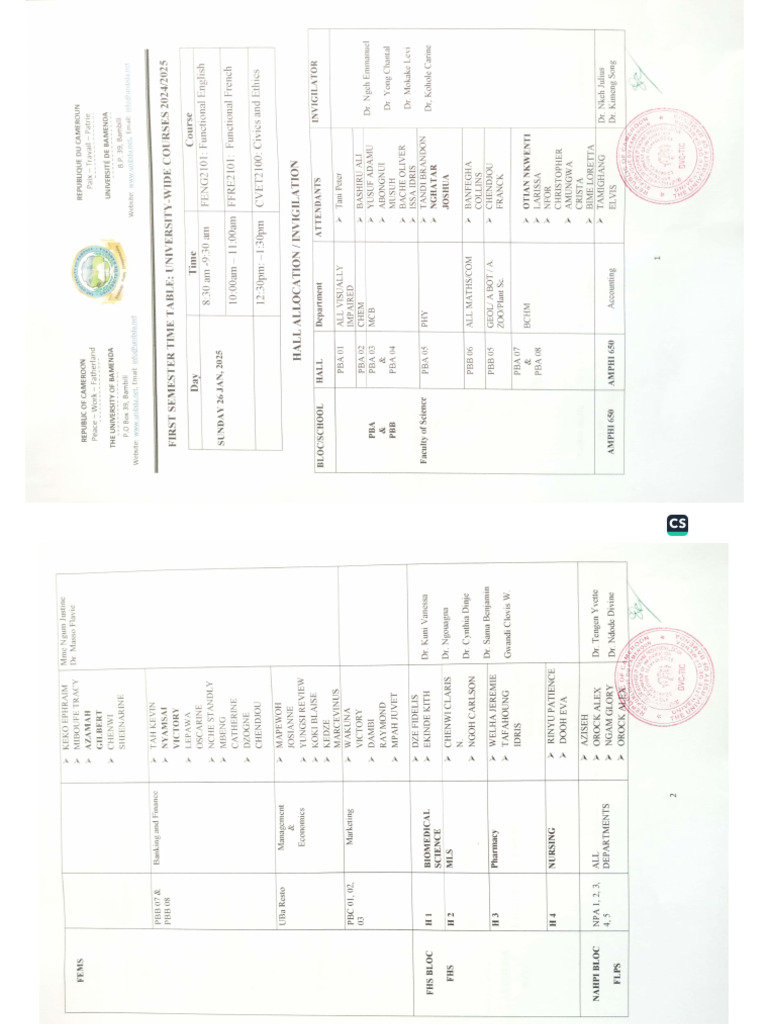 First Semester University Wide Courses Time Table 20242025 | PDF