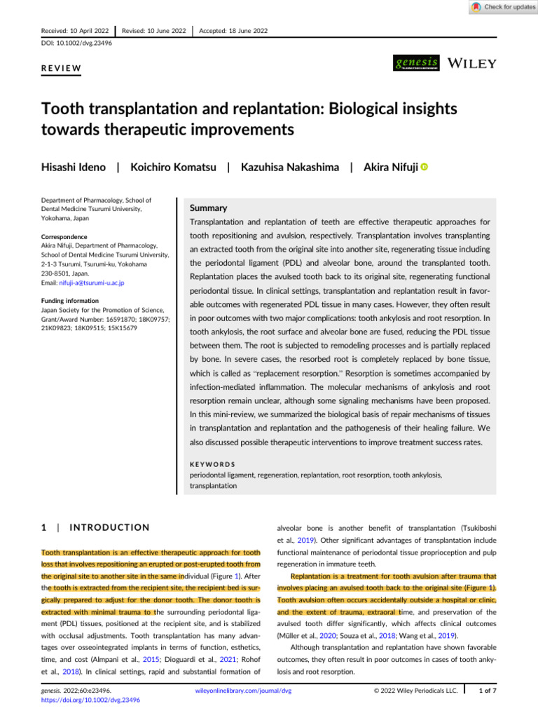 Tooth Transplantation and Replantation: Biological Insights Towards ...