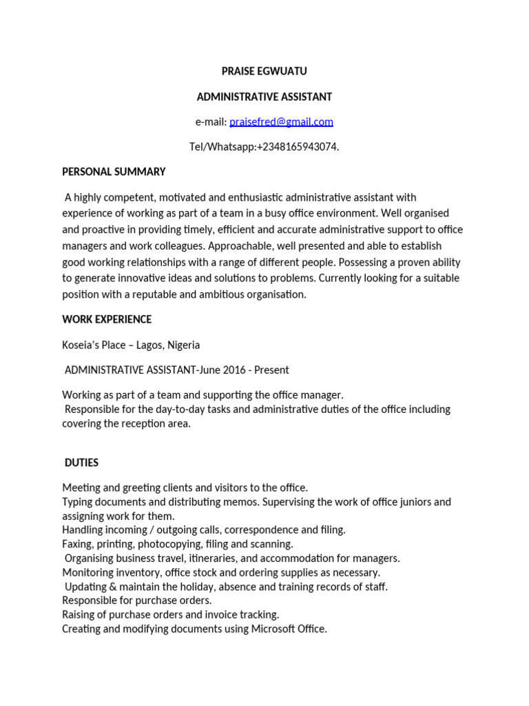 Office Administrator CV - Praise Egwuatu | PDF | Computing
