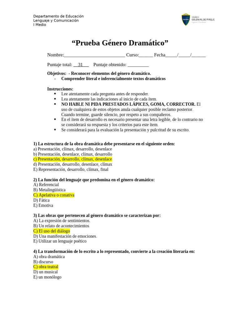 Prueba Género Dramático | PDF | Teatro