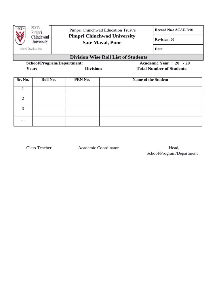 ACAD-R-01 Division Wise Roll List of Students | PDF
