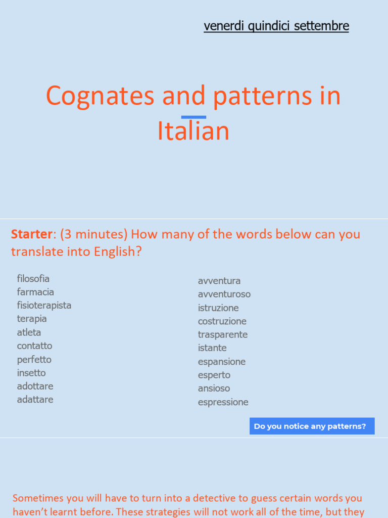 Cognates and Patterns in Italian 1 | PDF | Spanish Language | English ...