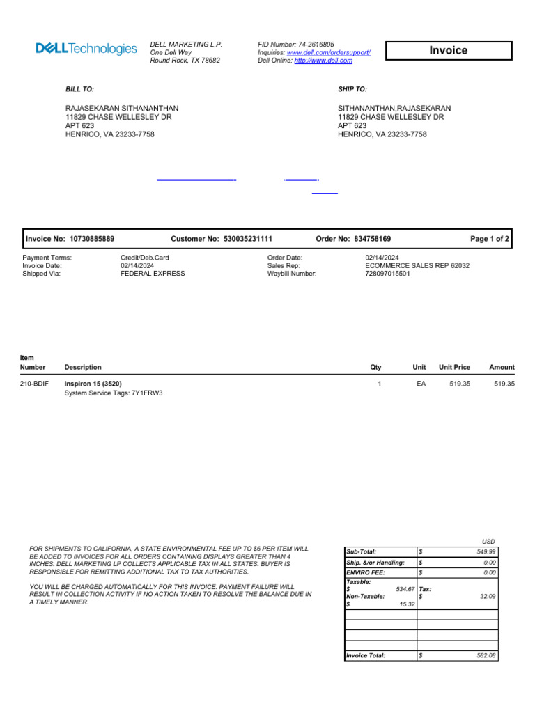 Invoice - Dell Laptop - Mohan(1) | PDF | Invoice | Dell