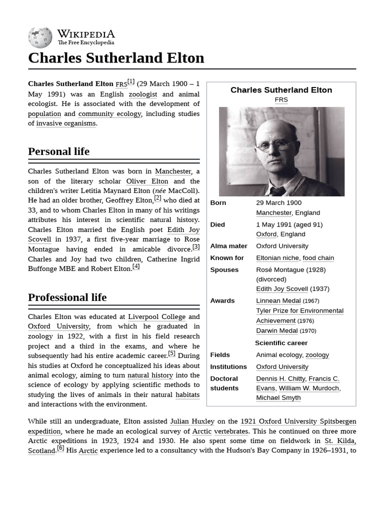 Charles Sutherland Elton: Ecologist Biography | PDF | Ecology | Natural ...