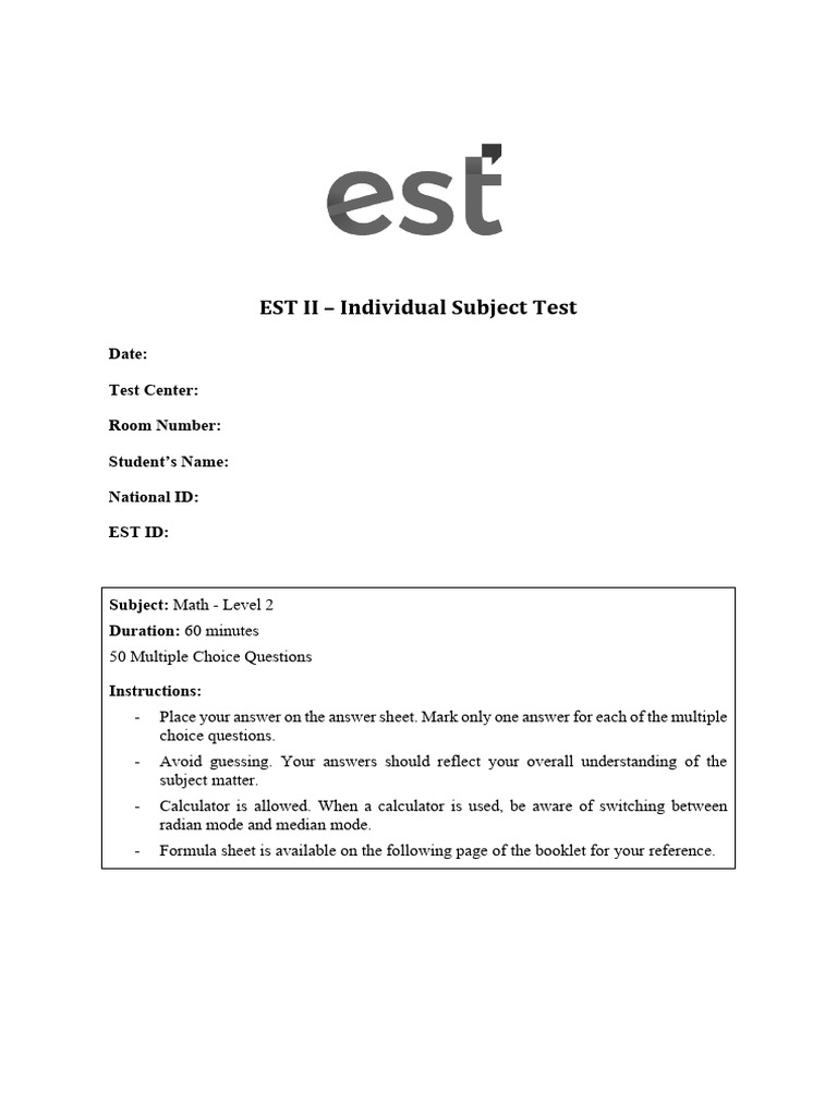 EST 2 Math Level 2 - Jan 2024 Round 2 | PDF | Area | Elementary Mathematics