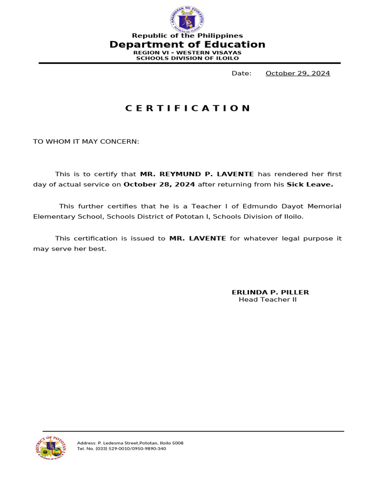 First Day of Service of Actual Service Lavente | PDF