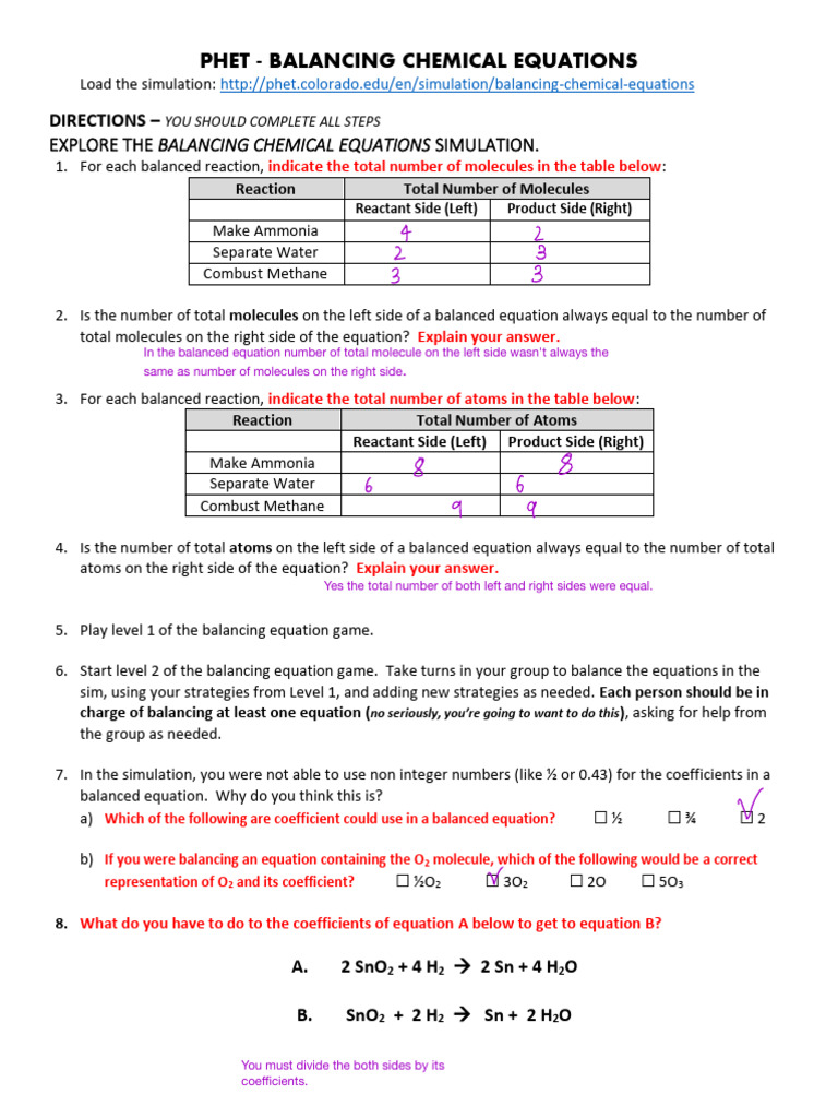 PhET - Balancing Equations | PDF | Chemical Reactions | Chemistry